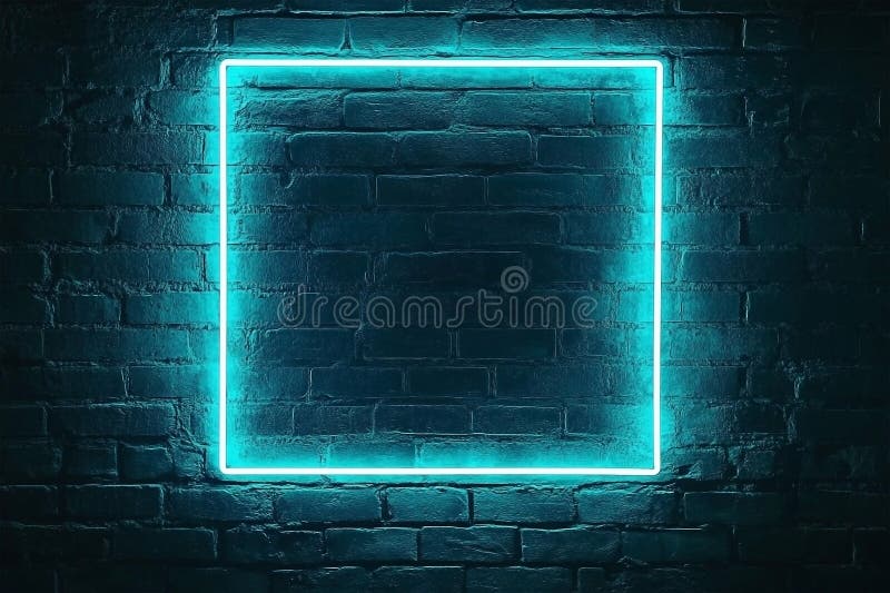 Turquoise Neon Light Frame on Dark Brick Wall Background with Copy ...