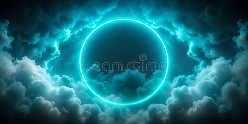Turquoise Neon Light Ring Casts an Enchanting Glow on an Abstract Cloud ...