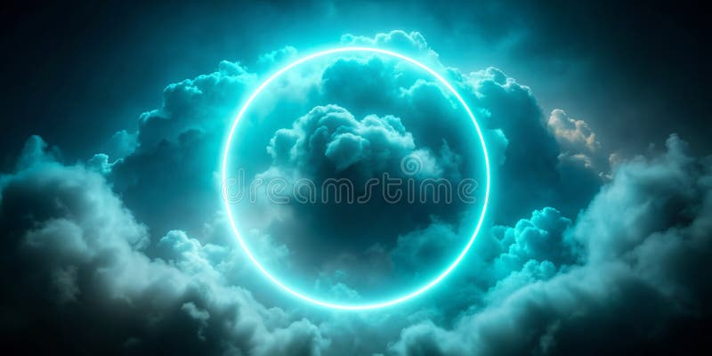 Turquoise Neon Light Ring Casts an Enchanting Glow on an Abstract Cloud ...