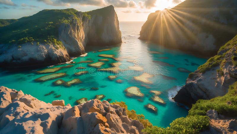 Serene Sunset Over Turquoise Lagoon in Rocky Cove, Stunning Aerial View ...