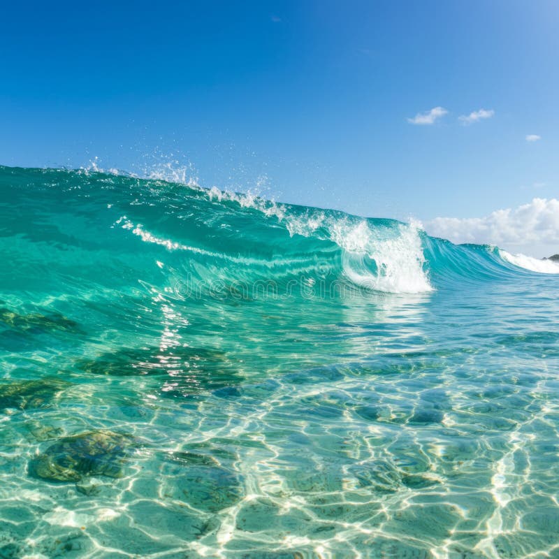 Turquoise Ocean Wave Crashing on Sunny Beach Stock Illustration ...