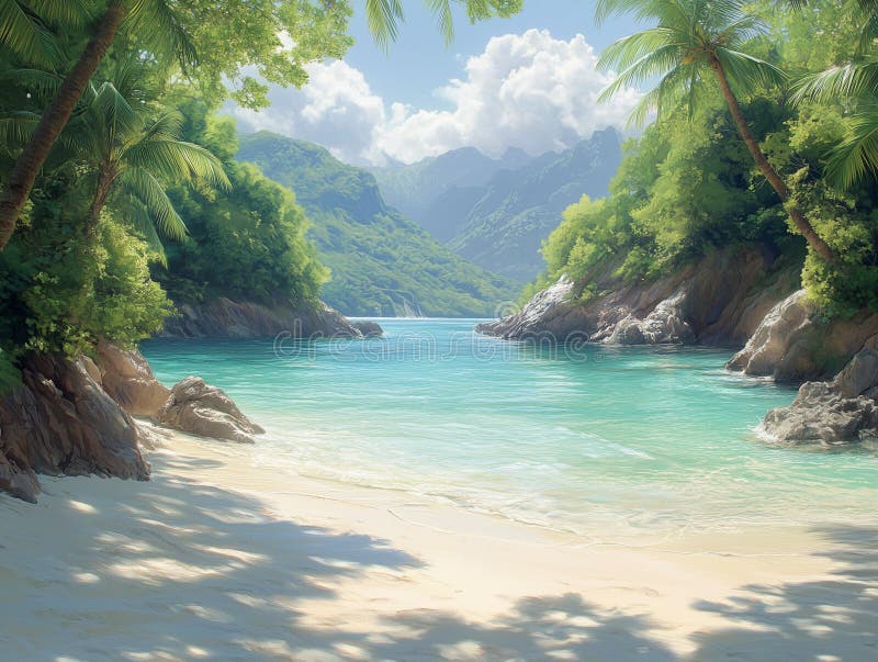 Turquoise Ocean and White Sand Beach Stock Illustration - Illustration ...