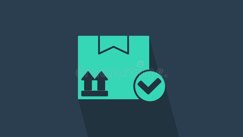 Turquoise Package Box with Check Mark Icon Isolated on Blue Background ...