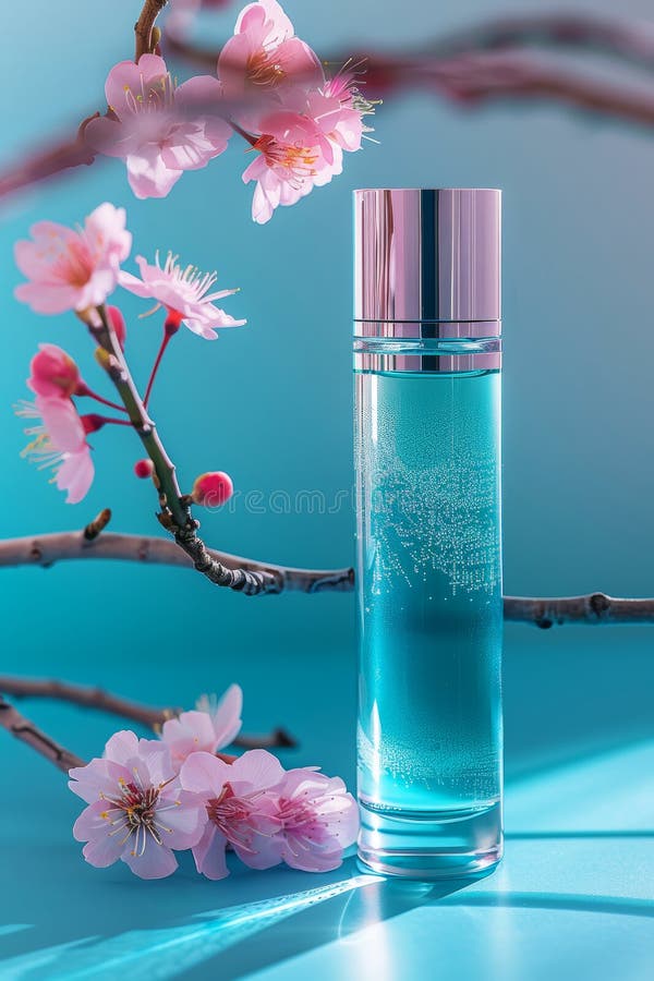 Turquoise Perfume Bottle Amongst Delicate Pink Cherry Blossoms on a ...