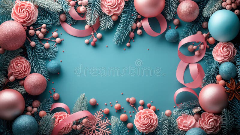 Turquoise and Pink Christmas Background with Oval Frame Stock ...