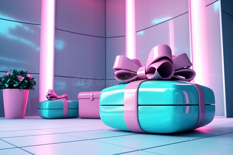 Turquoise Plastic Gift Boxes with Pink Bows in Interior. Generative AI ...