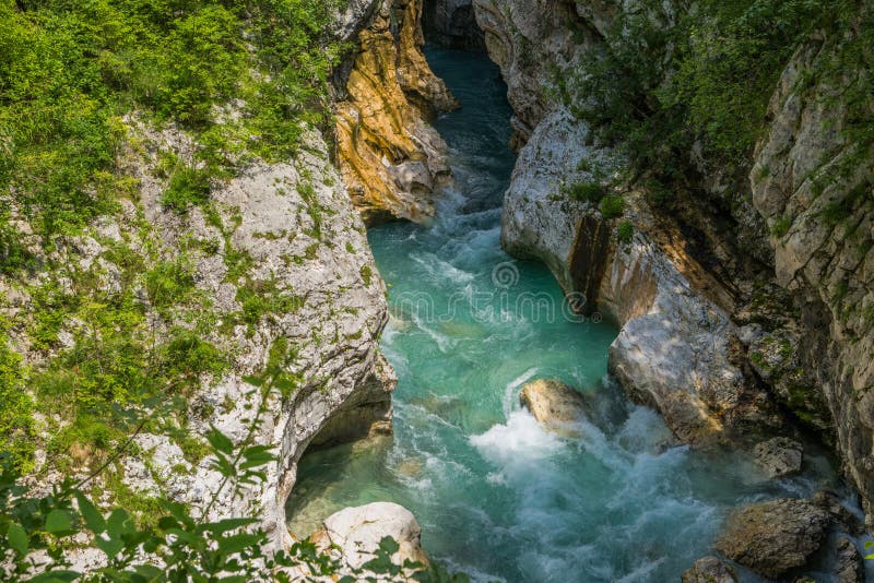 Turquoise River Flowing through a Mountain Gorge. Soca River, Slovenia ... Turquoise River Flowing through a Mountain Gorge. Soca River, Slovenia ...