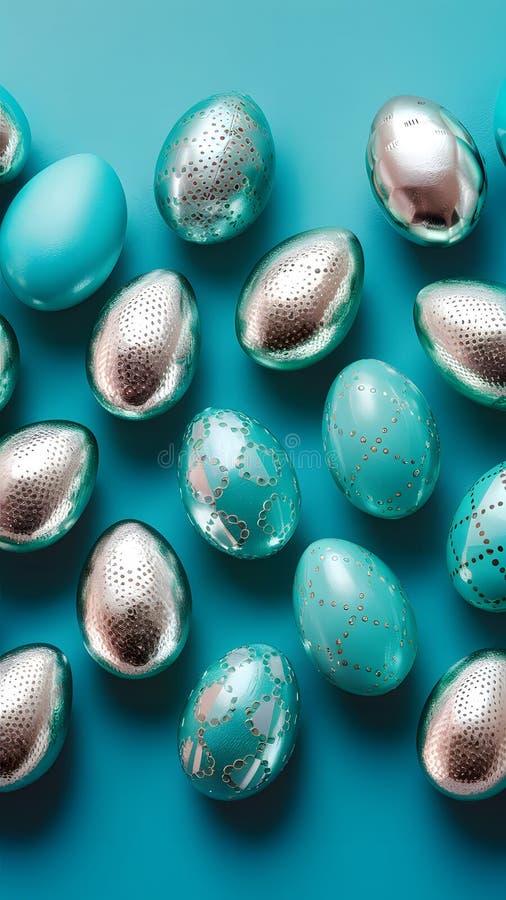 Turquoise and Silver Themed Easter Eggs on Blue Background, Ample Space ...
