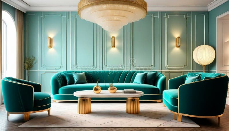 Turquoise Sofas in Luxury Room. Art Deco Style Interior Design of Modern Living Room Stock ...