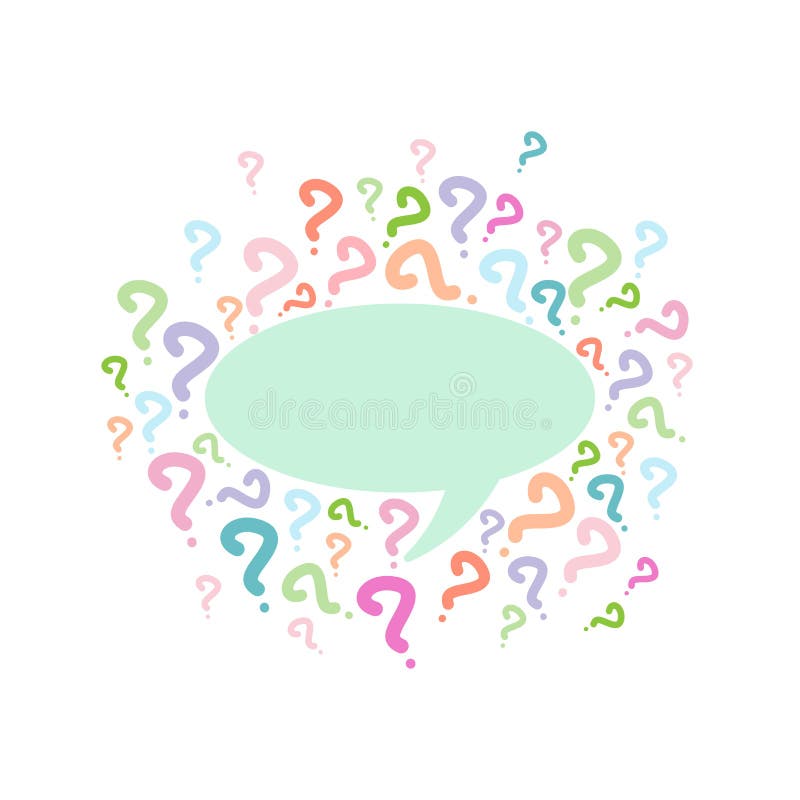 Turquoise Speech Bubble with Colorful Flying Question Marks. Isolated ...