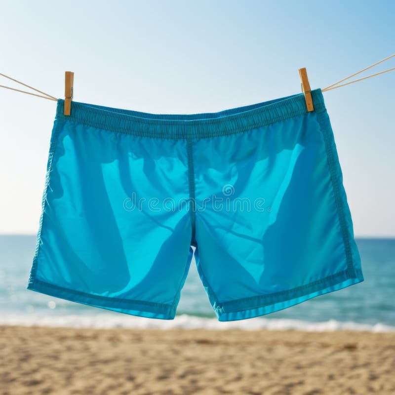 Turquoise Swim Trunks Drying on Clothesline at Beach Stock Illustration ...