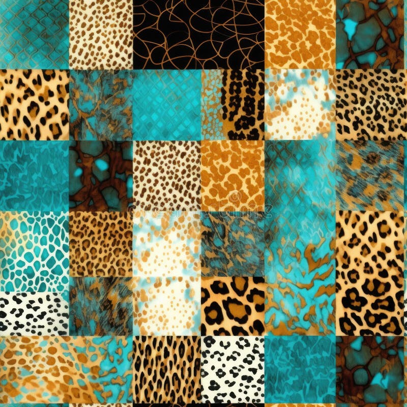 Turquoise and Tan Leopard Print Patchwork with Dynamic Textured Squares ...