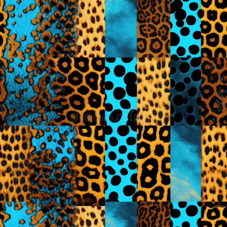 Turquoise and Tan Leopard Print Patchwork with Dynamic Textures Stock ...