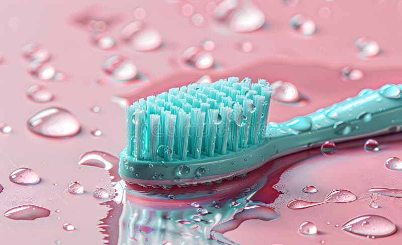 Turquoise Toothbrush on a Pink Shelf with Drops of Water Stock Photo ...
