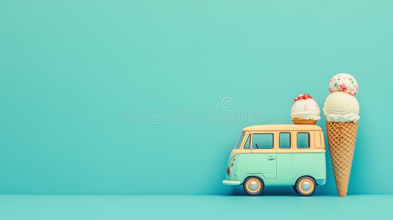 Turquoise Toy Van and Vanilla Ice Cream on Cone Stock Illustration ...