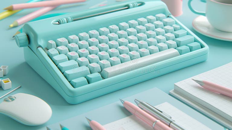 Turquoise Typewriter, Pens, and Notepad on Blue Background a Flat Lay ...