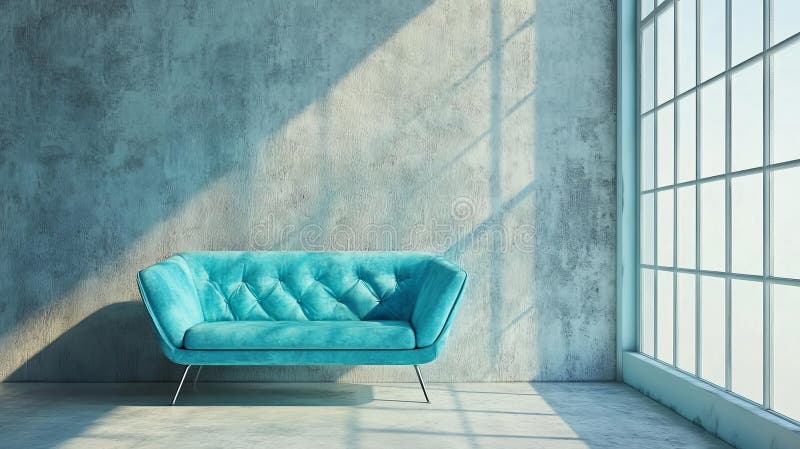 Turquoise Velvet Sofa by Window, Minimalist Interior Design Stock ...