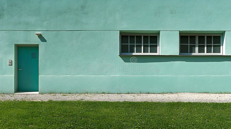 Turquoise Wall with a Door and Windows Stock Image - Image of exterior ...