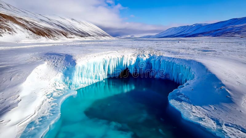 Turquoise Water Flows Underneath Icy Surface in Arctic Landscape Stock ...
