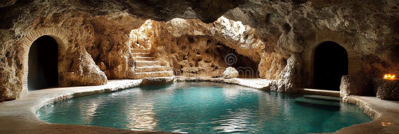 Turquoise Water Pool Inside a Cave with Stone Walls and Arched ...