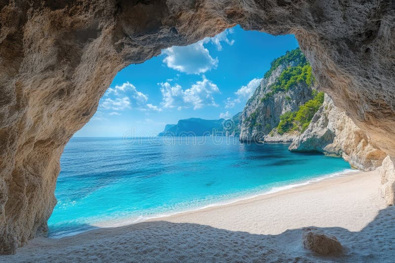 Turquoise Water Reaching Sandy Beach Under Rock Arch Formation Stock ...