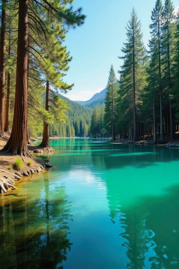 Turquoise Waters Reflect Towering Pines in Tranquil Forest Lake Stock ...