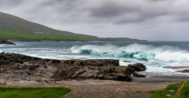 Turquoise Waves on a Irish Beach, Heayvy Cloudy Sky Stock Image - Image ...