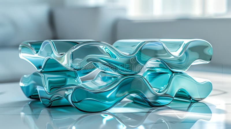 Turquoise Wavy Glass Sculpture on a White Glossy Surface Stock Image ...
