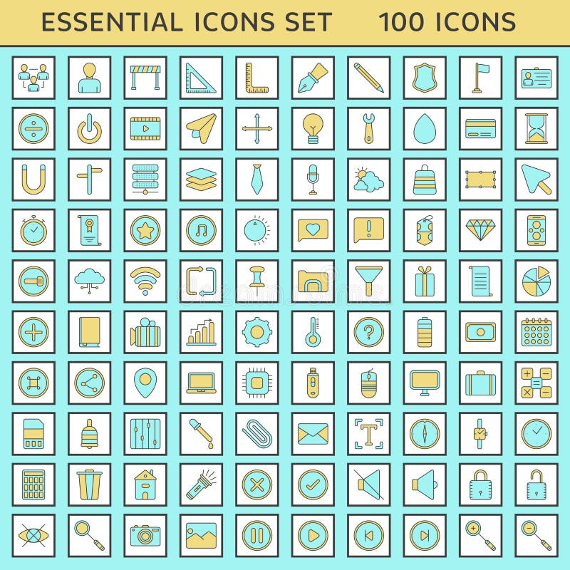 Turquoise and Yellow Color Set of 100 Essential Icons in Flat Stock ...