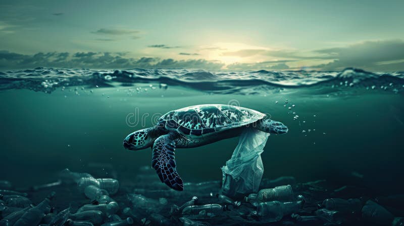 The Turtle Amid Ocean Pollution.AI Generated Image Stock Photo - Image ...