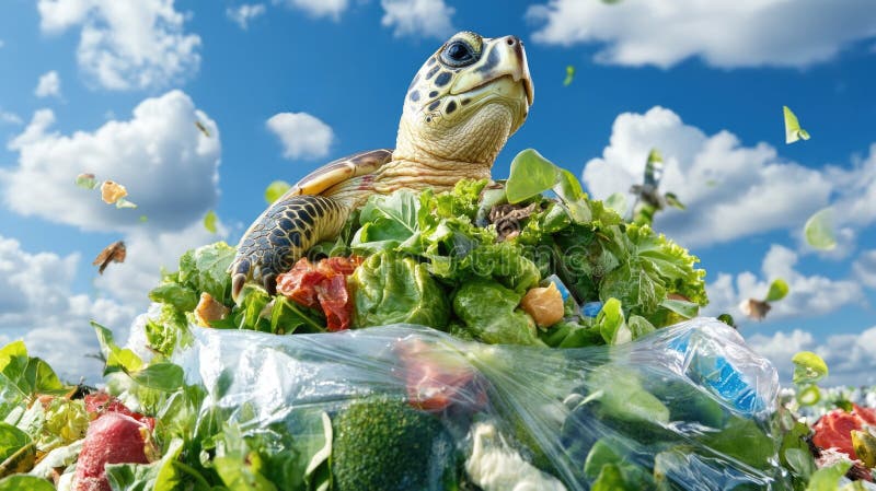 Turtle Amidst Vegetables Against Blue Sky and Clouds Stock Photo ...