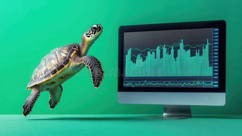 Turtle Analyzing Charts on a Desktop Monitor Stock Illustration ...