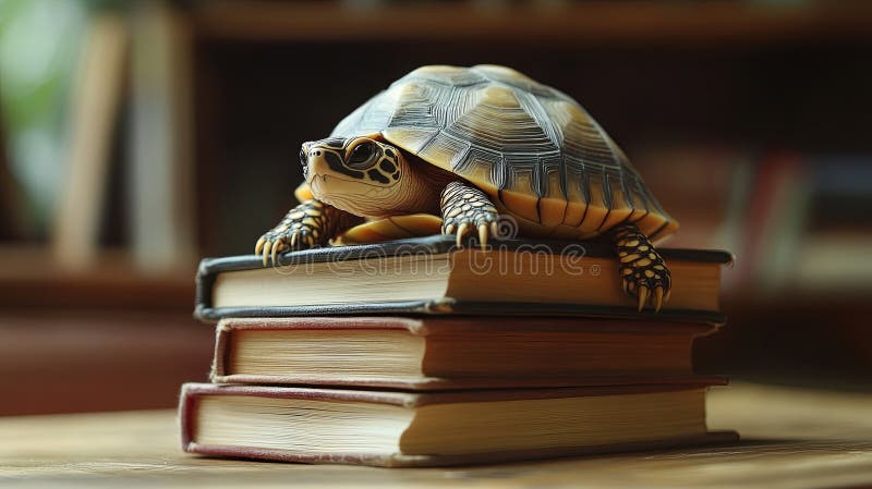 A Turtle As a Bookstore Owner with a Stack of Tiny Books Arranged Stock ...