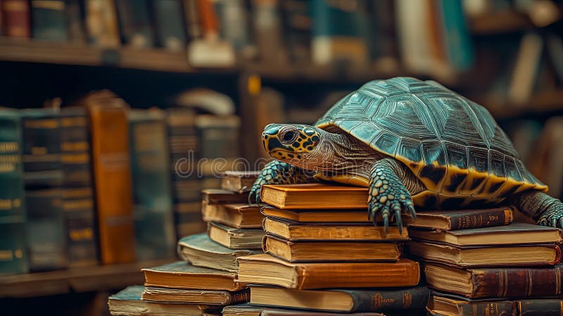 A Turtle As a Bookstore Owner with a Stack of Tiny Books Arranged Stock ...