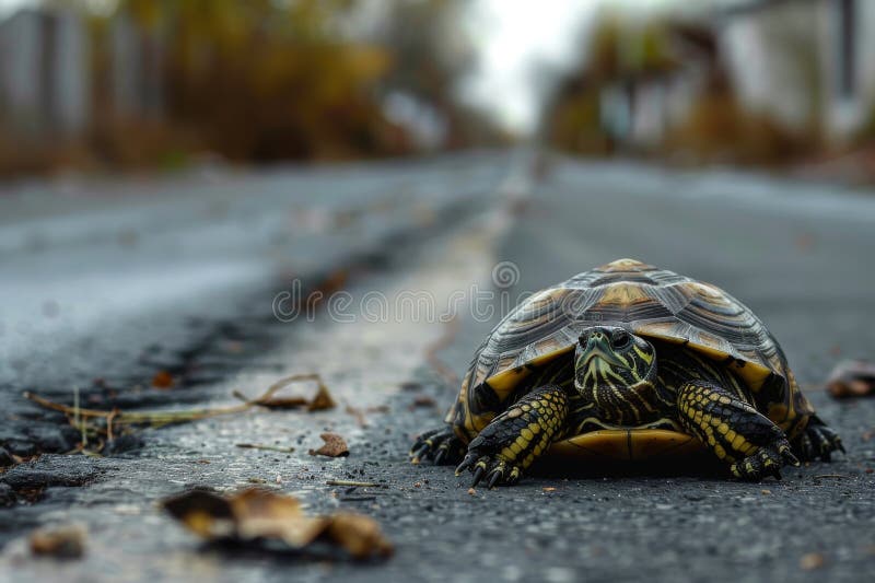 Turtle on an Asphalt Road among Fallen Leaves. Stock Photo - Image of ...