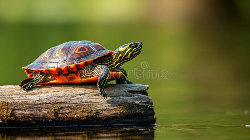 Turtle Basking on a Log in a Serene Pond, Nature Close-up. Wildlife and ...