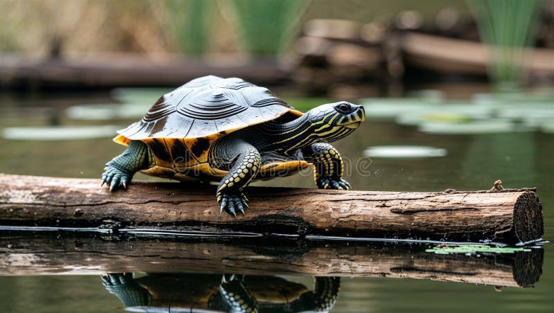 Turtle Basking on Log in Still Freshwater Pond Stock Illustration ...