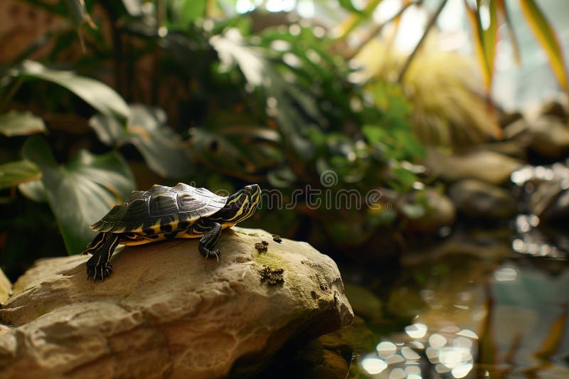 Turtle Basking on a Rock in a Lush Environment, with Water Nearby. the ...