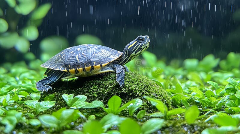 Turtle Basking on a Smooth Rock Surrounded by Lush Greenery in a Serene ...