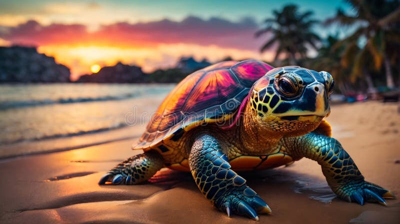 Turtle on the Beach. Beachside Turtle. Seashore Turtle Scene. Stock ...