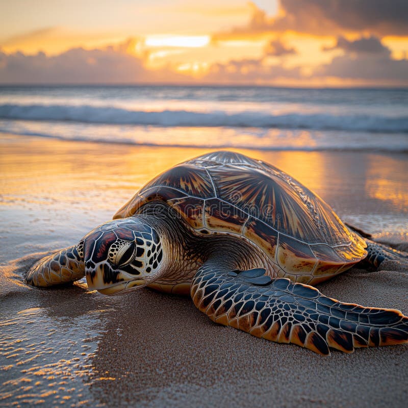 Turtle on the Beach Reflecting Golden Sunset Light Stock Illustration ...