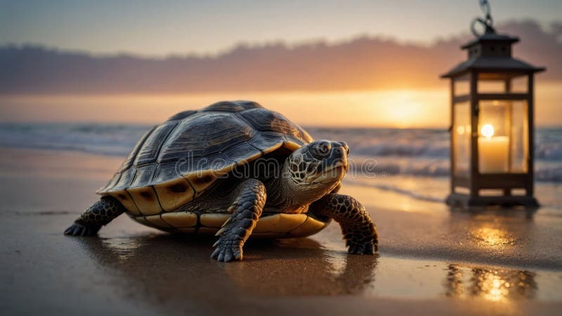 Majestic Sea Turtle at Sunset on Sandy Beach Stock Illustration ...