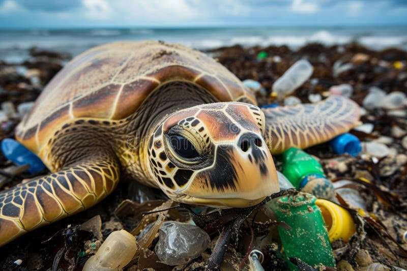 Turtle on the Beach with Trash Stock Image - Image of activism ...