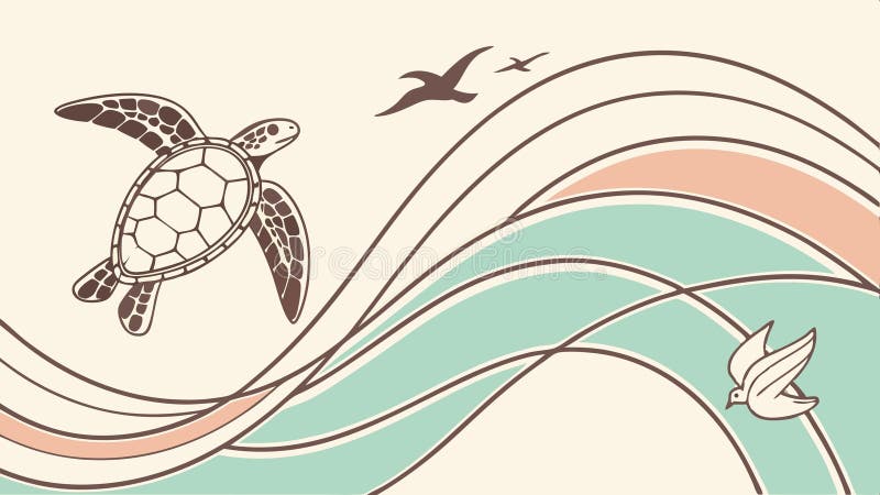 Turtle and Birds with Abstract Wavy Pattern Nature Harmony Vector ...