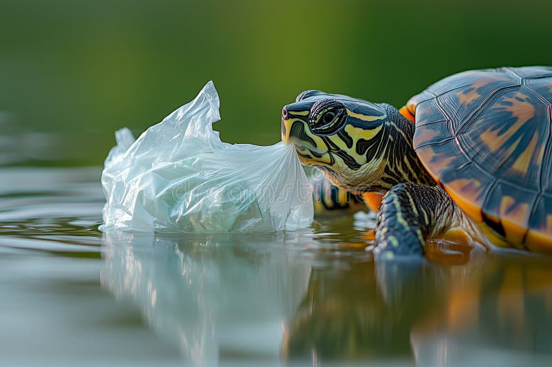 Turtle Has a Plastic Bag on Its Back in the Lake Stock Illustration ...