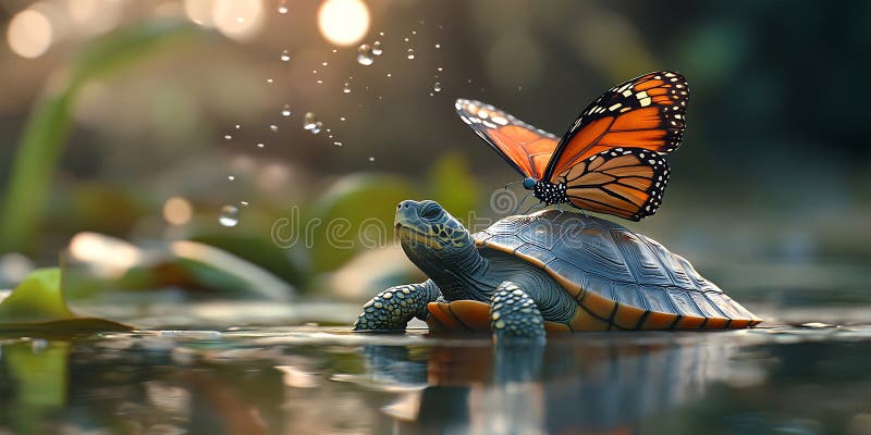 Turtle with Butterfly Wings Fluttering Over a Crystal Lake Stock ...