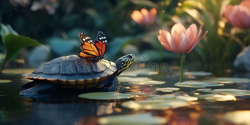 Turtle with Butterfly Wings Fluttering Over a Crystal Lake Stock ...