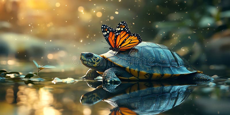 Turtle with Butterfly Wings Fluttering Over a Crystal Lake Stock ...