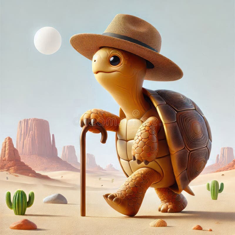 A Turtle with a Cane and a Hat in the Desert. Stock Photo - Image of ...