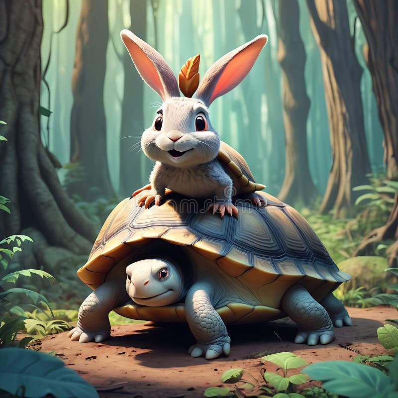 A Turtle is Carrying a Rabbit on Its Back in Forest Background ...